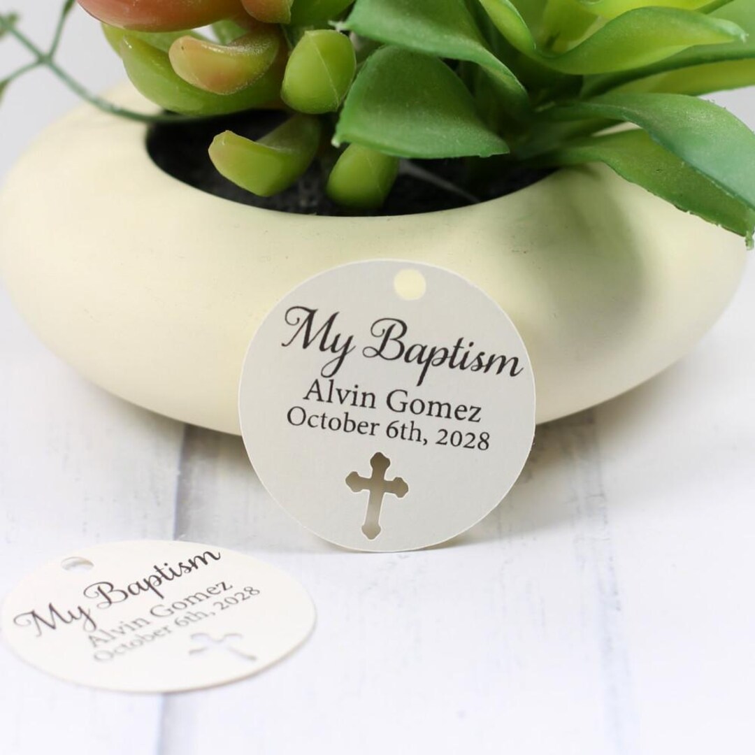 Round Baptism Tags - Mi Bautizo - Thank You Labels for Baptism - Cream ...