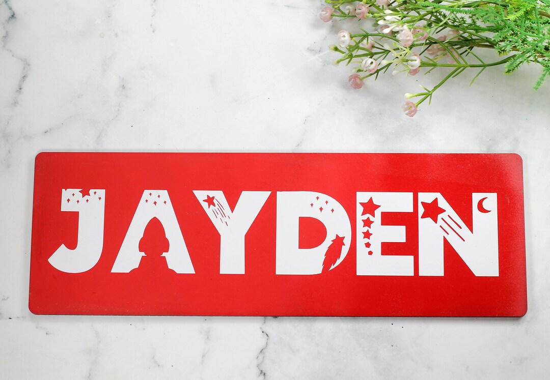 Space Themed Name Plate for Kids Room Red and White Personalized Rocket ...