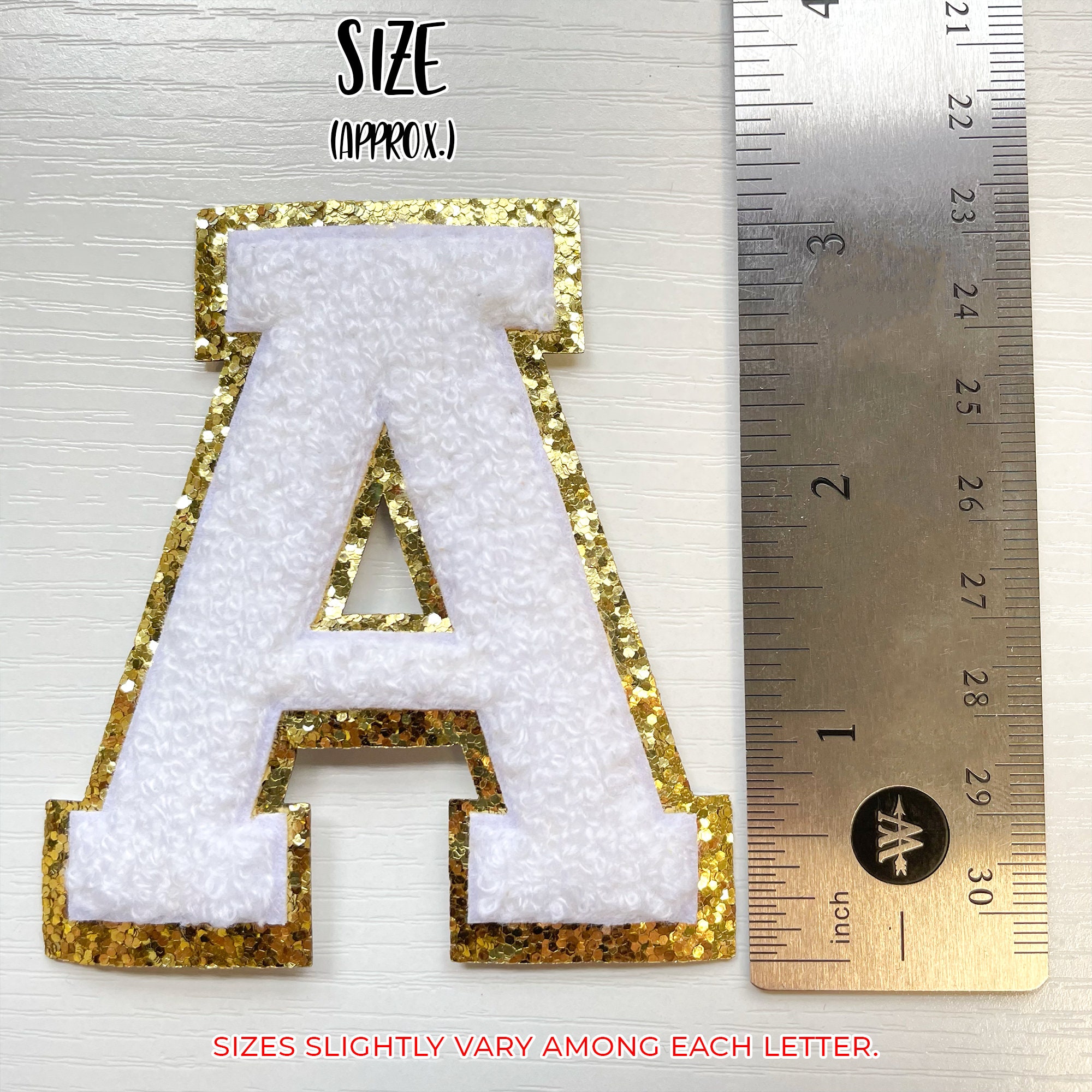 Greek Letter Patches - Iron-on White Chenille & Gold Glitter Trim ...