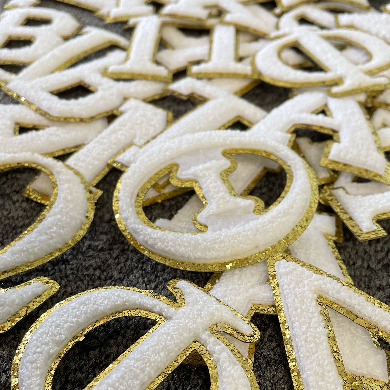 Greek Letter Patches - Iron-on White Chenille & Gold Glitter Trim ...