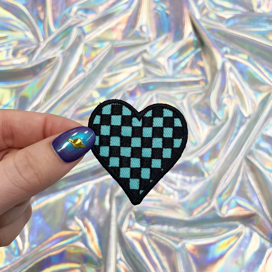 Turquoise Checked Heart Patch, Checkered Patch, Trendy Patches, Iron on ...