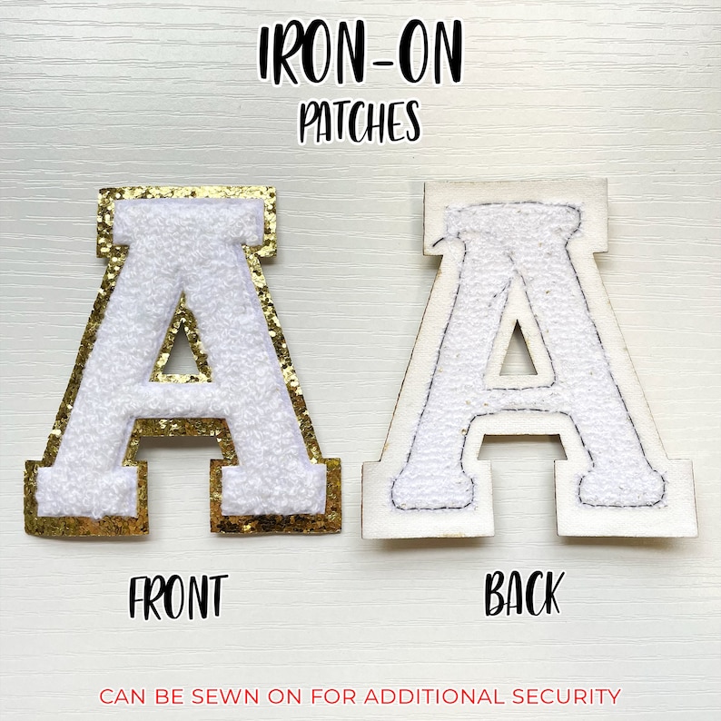 Greek Letter Patches - Iron-on White Chenille & Gold Glitter Trim ...