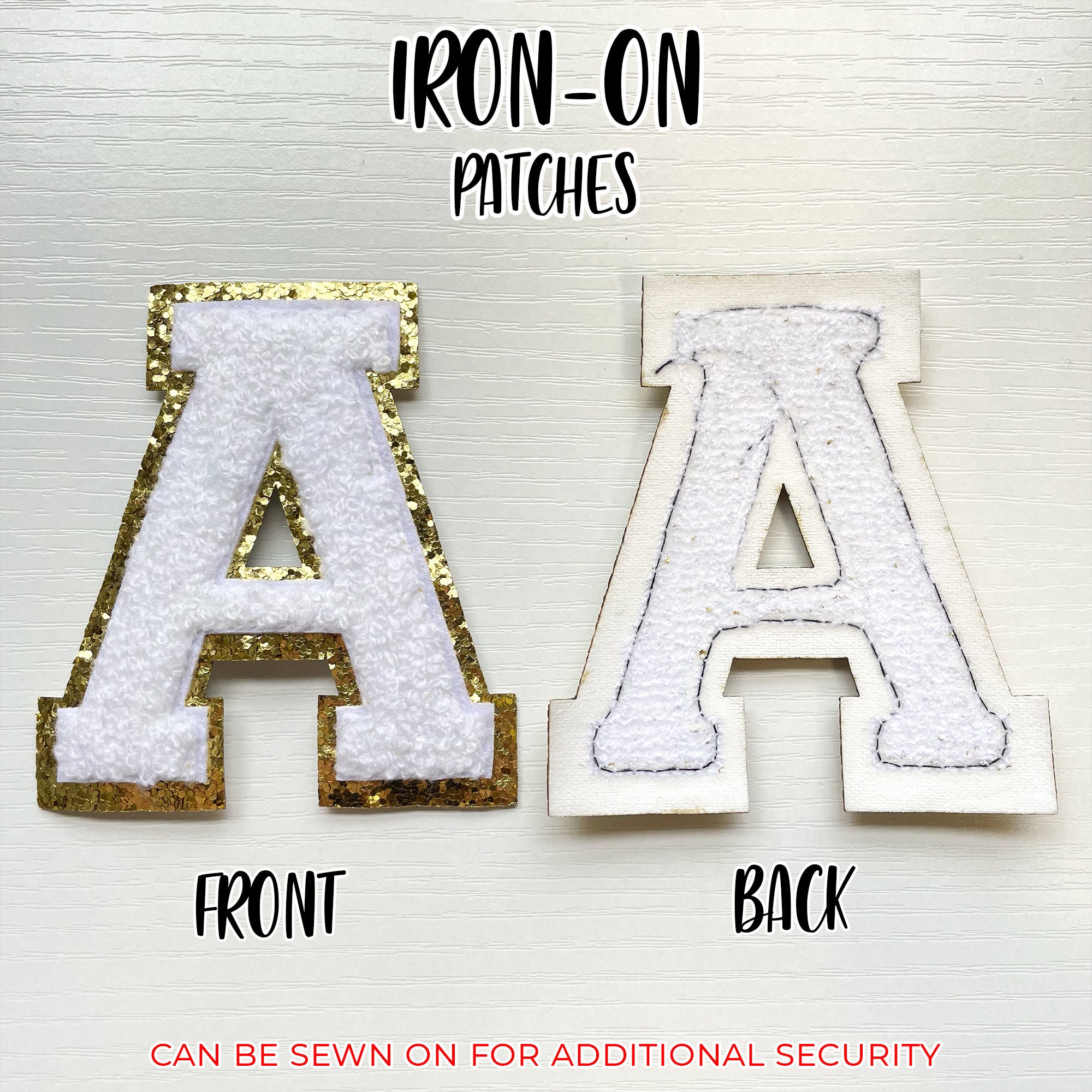 Greek Letter Patches - Iron-on White Chenille & Gold Glitter Trim ...