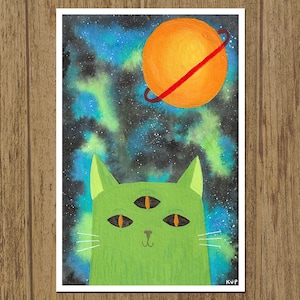 Three Eyed Alien Cat - Outer Space Galaxy Pop Surrealism Wall Art Print ...