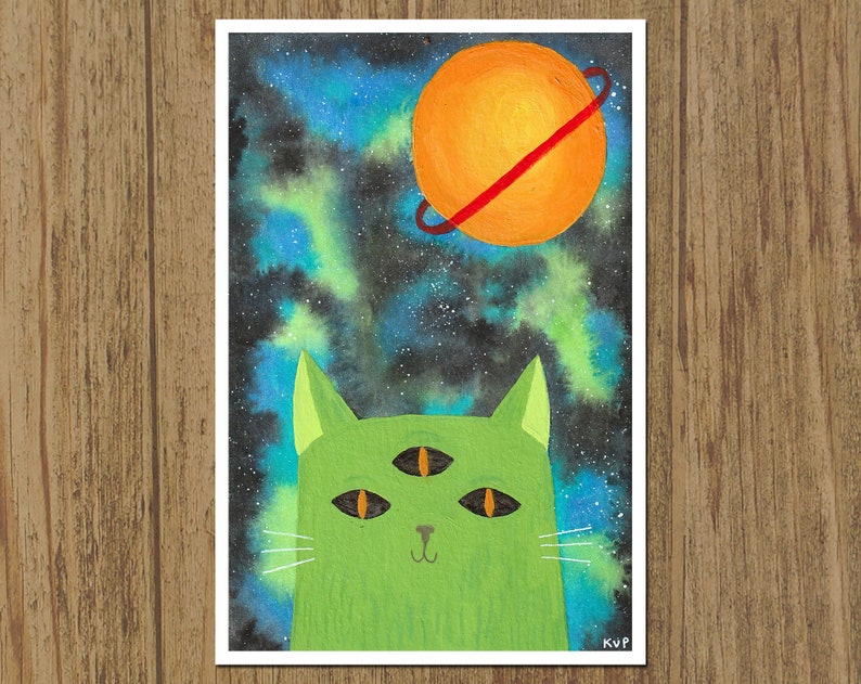 Three Eyed Alien Cat - Outer Space Galaxy Pop Surrealism Wall Art Print ...