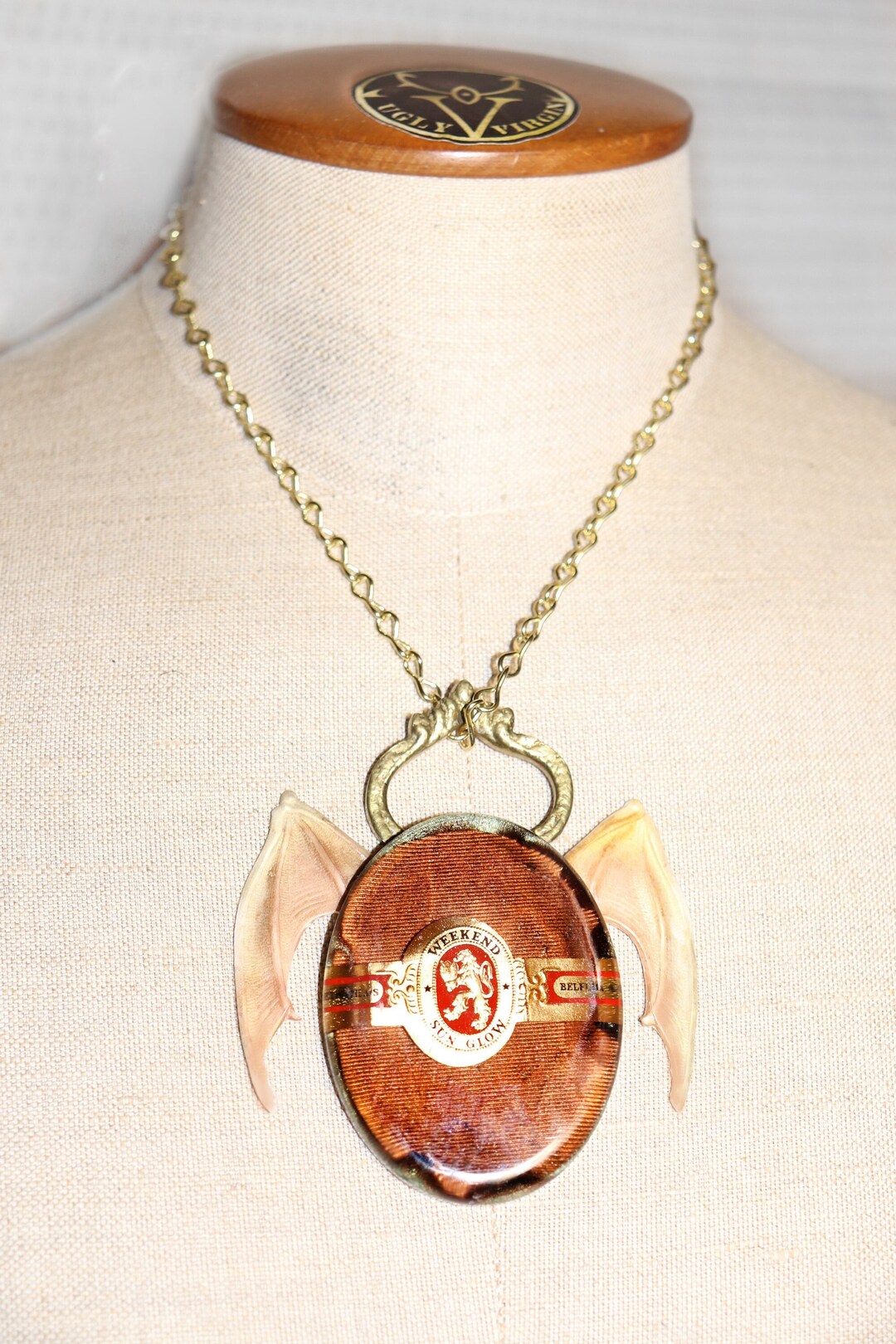 RESIN WING NECKLACE Cigarre Tabacco Jewelry Gothic Gold Moire Bat Epoxy ...