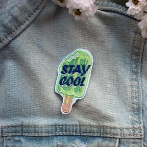 Stay Cool Green Popsicle Embroidered Iron on Patches for Jackets, Frozen Icecream Ice Block ...