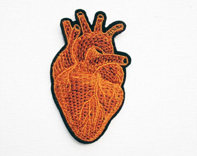 Gold Heart Embroidered Patch, Iron On, Anatomical Heart, Beating Heart ...