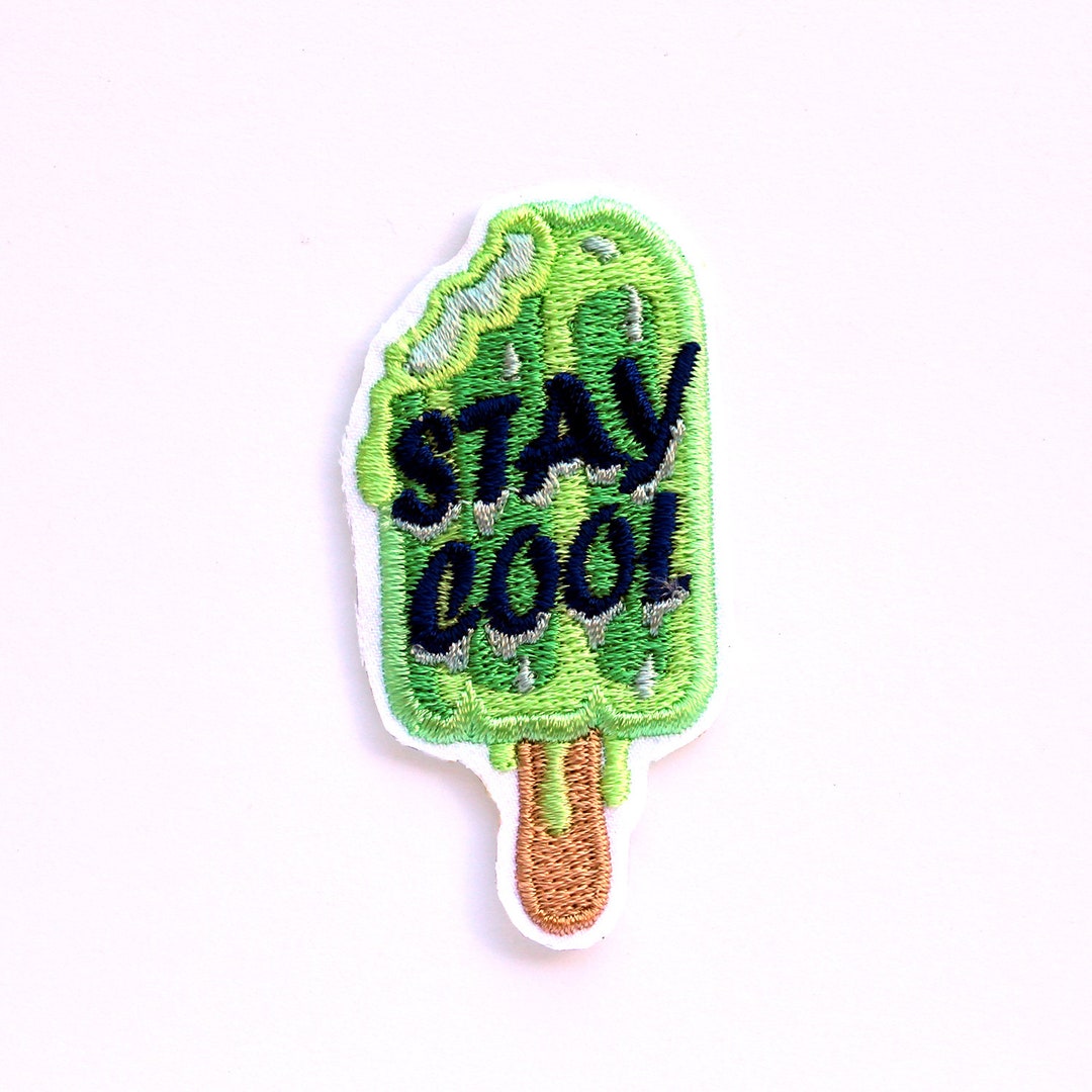 Stay Cool Green Popsicle Embroidered Iron on Patches for Jackets, Frozen Icecream Ice Block ...