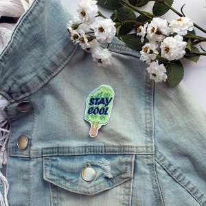 Stay Cool Green Popsicle Embroidered Iron on Patches for Jackets, Frozen Icecream Ice Block ...