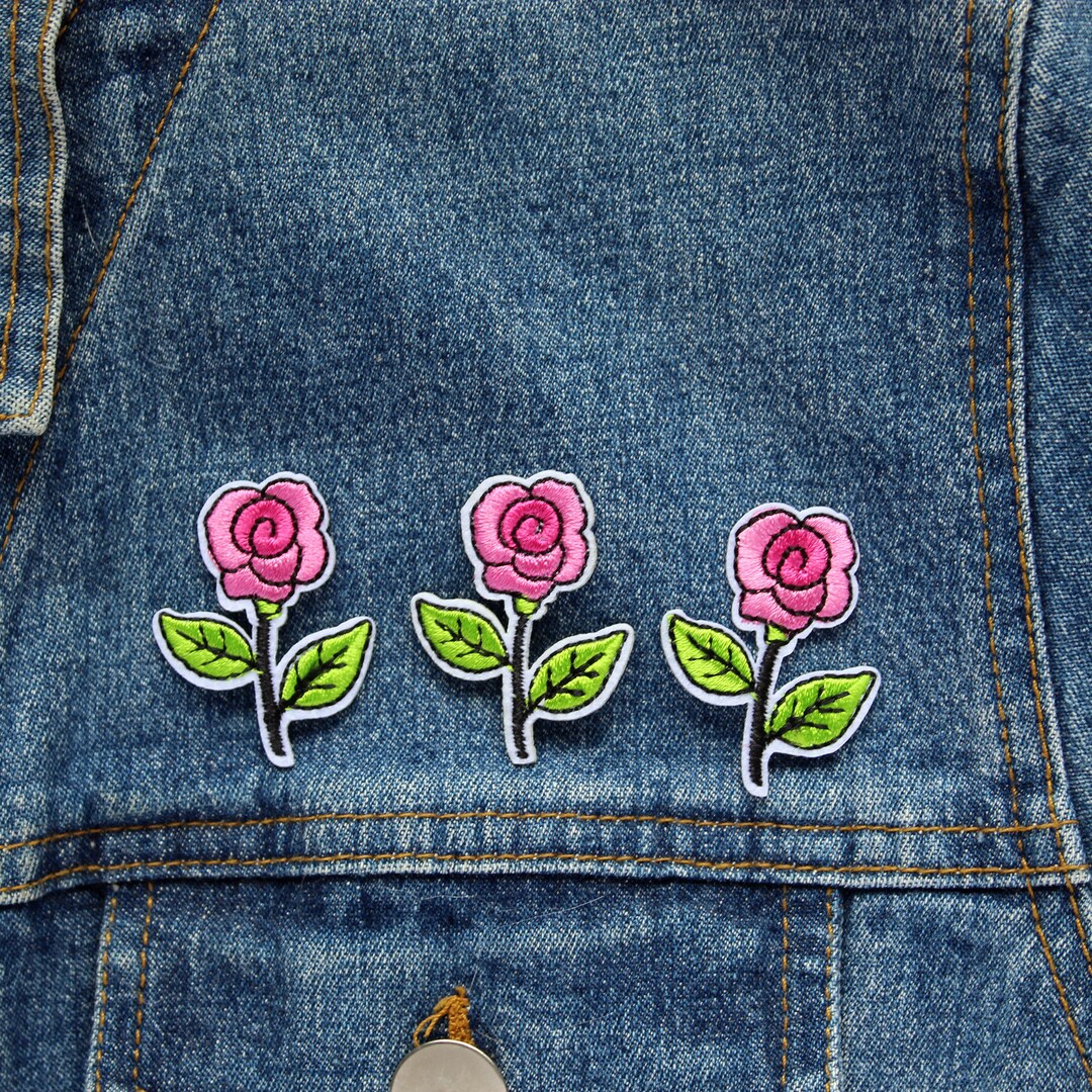 Small Pink Rose Embroidered Patch, Iron on Patches for Jackets, Cute ...