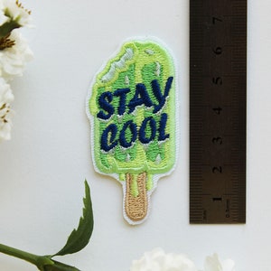 Stay Cool Green Popsicle Embroidered Iron on Patches for Jackets, Frozen Icecream Ice Block ...