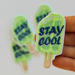 Stay Cool Green Popsicle Embroidered Iron on Patches for Jackets, Frozen Icecream Ice Block ...