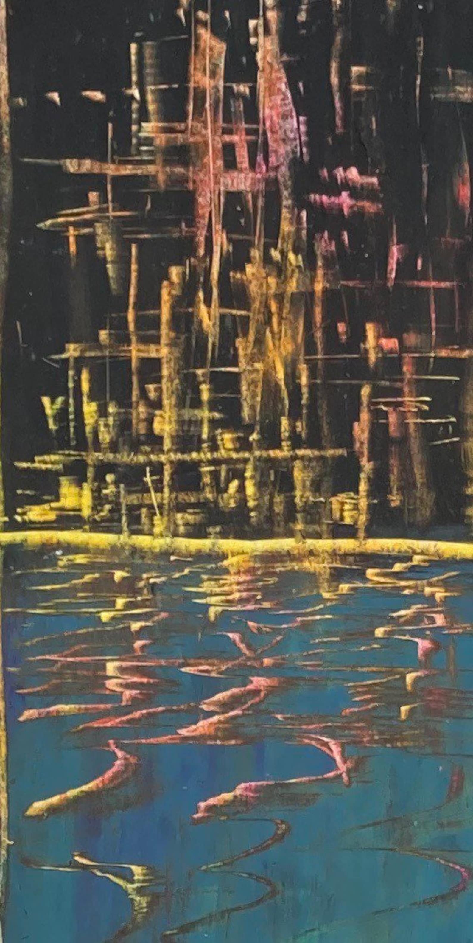 Oil Crayon - Wall Artwork - Water Reflections Light Blue Orange Night ...