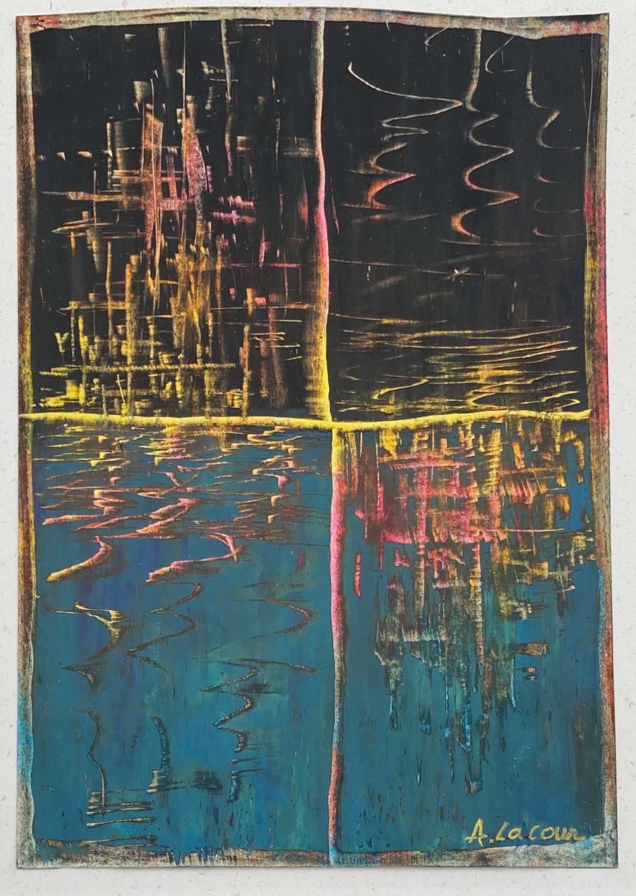Oil Crayon - Wall Artwork - Water Reflections Light Blue Orange Night ...