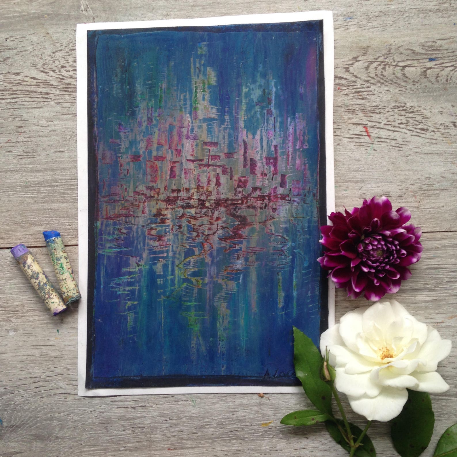 Blue Reflection on Water City Painting Artwork Oil Pastel - Etsy