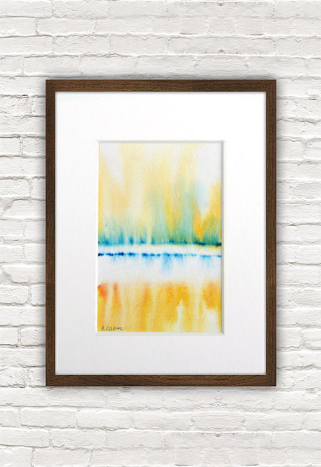 Yellow Blue Landscape - Golden River - Original Abstract Watercolor ...