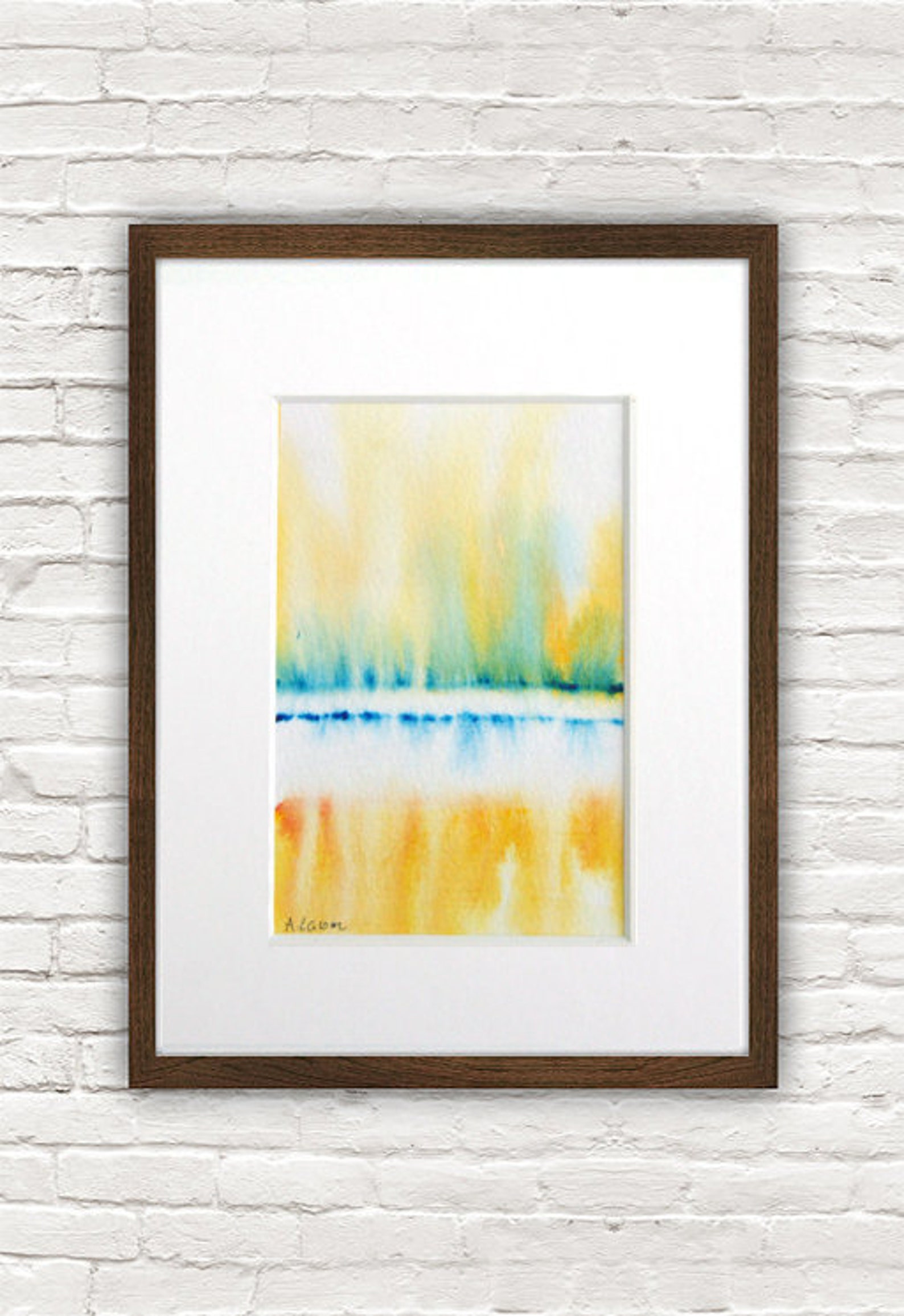 Yellow Blue Landscape - Golden River - Original Abstract Watercolor ...