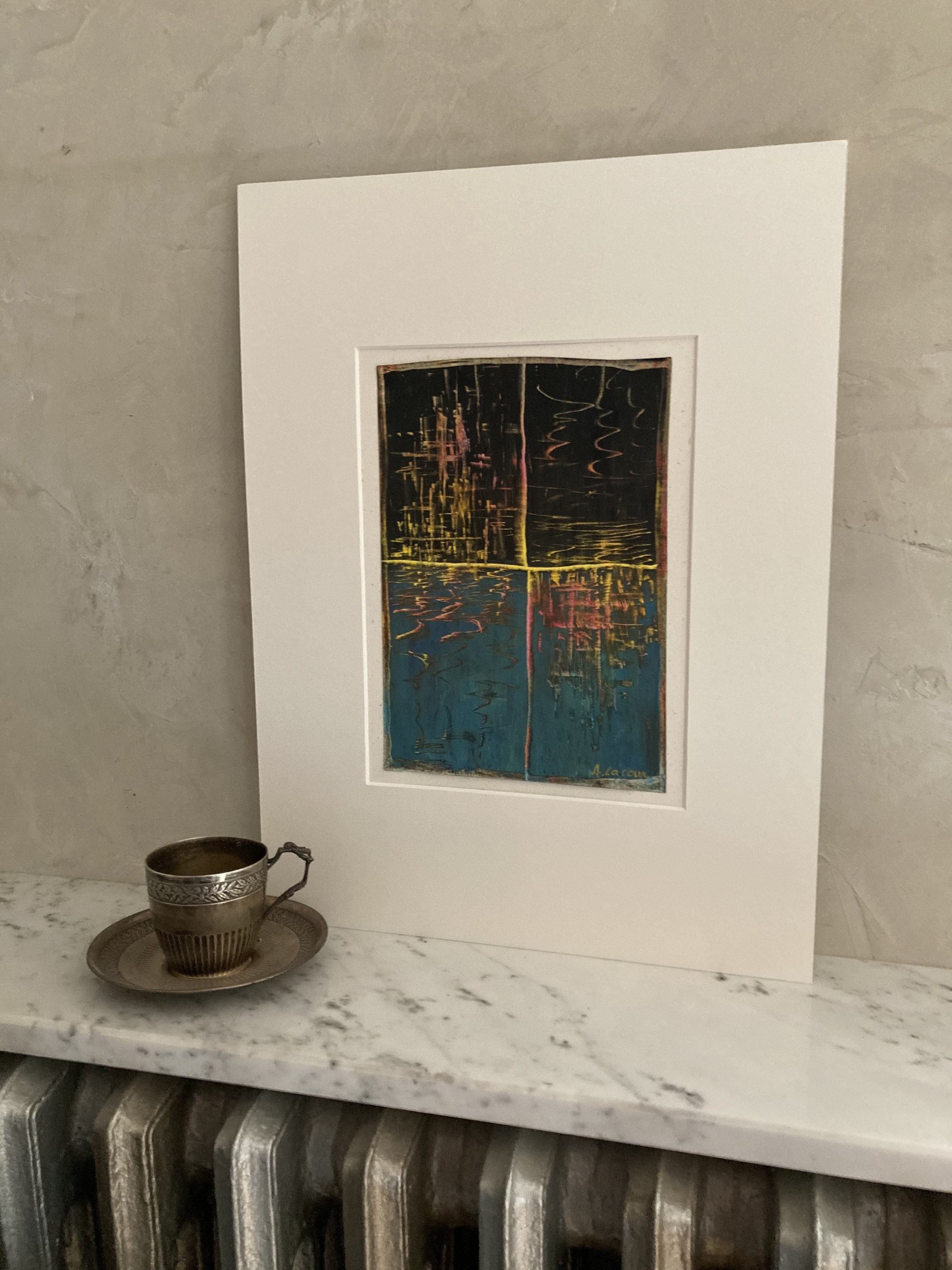 Oil Crayon - Wall Artwork - Water Reflections Light Blue Orange Night ...