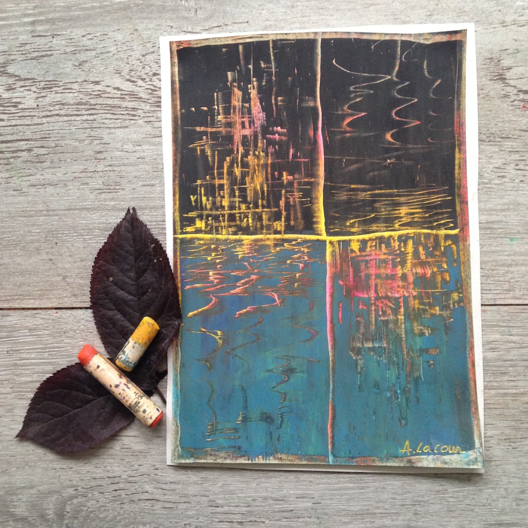 Oil Crayon - Wall Artwork - Water Reflections Light Blue Orange Night ...