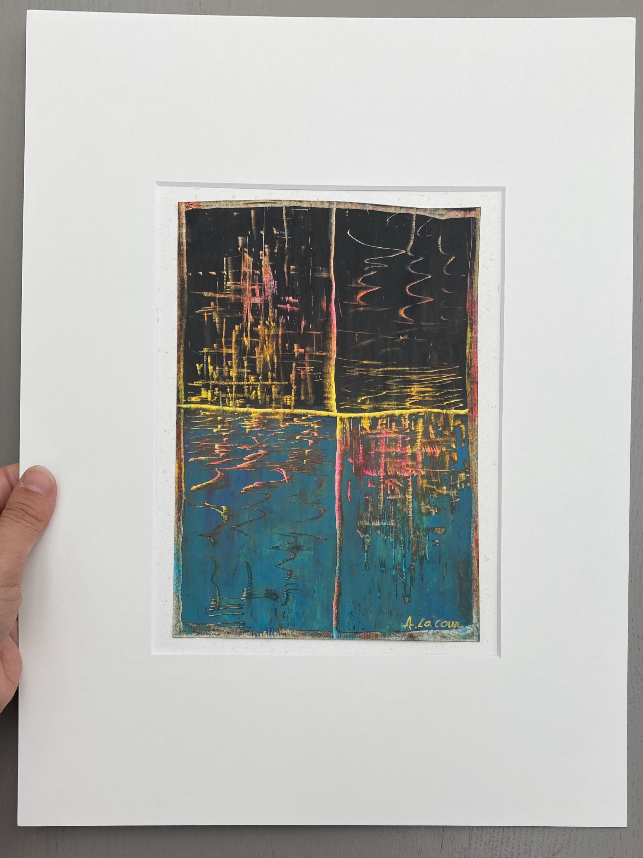 Oil Crayon - Wall Artwork - Water Reflections Light Blue Orange Night ...
