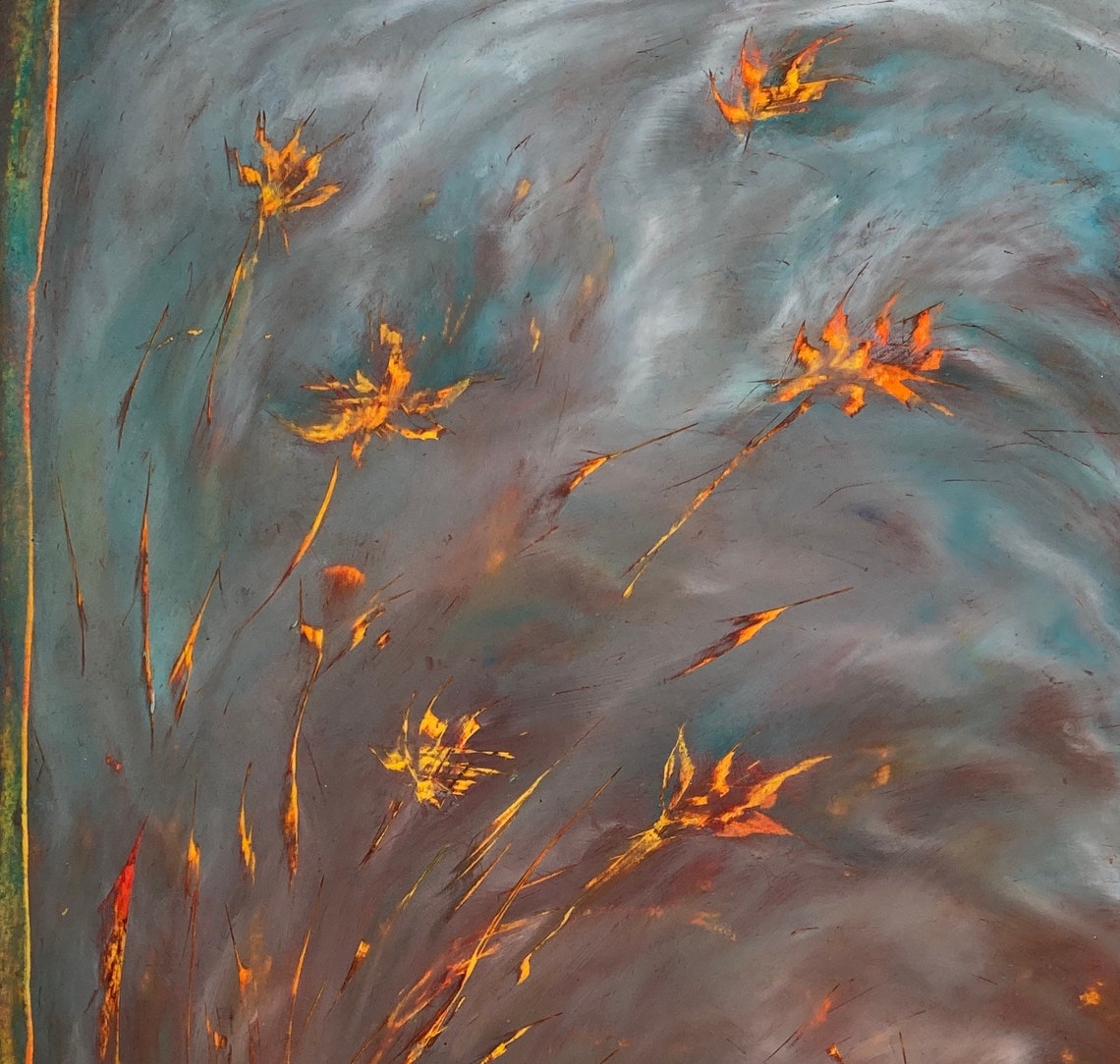 Autumn Decor - Oil Pastels - 12x15 - Yellow Orange Flowers in Windy ...