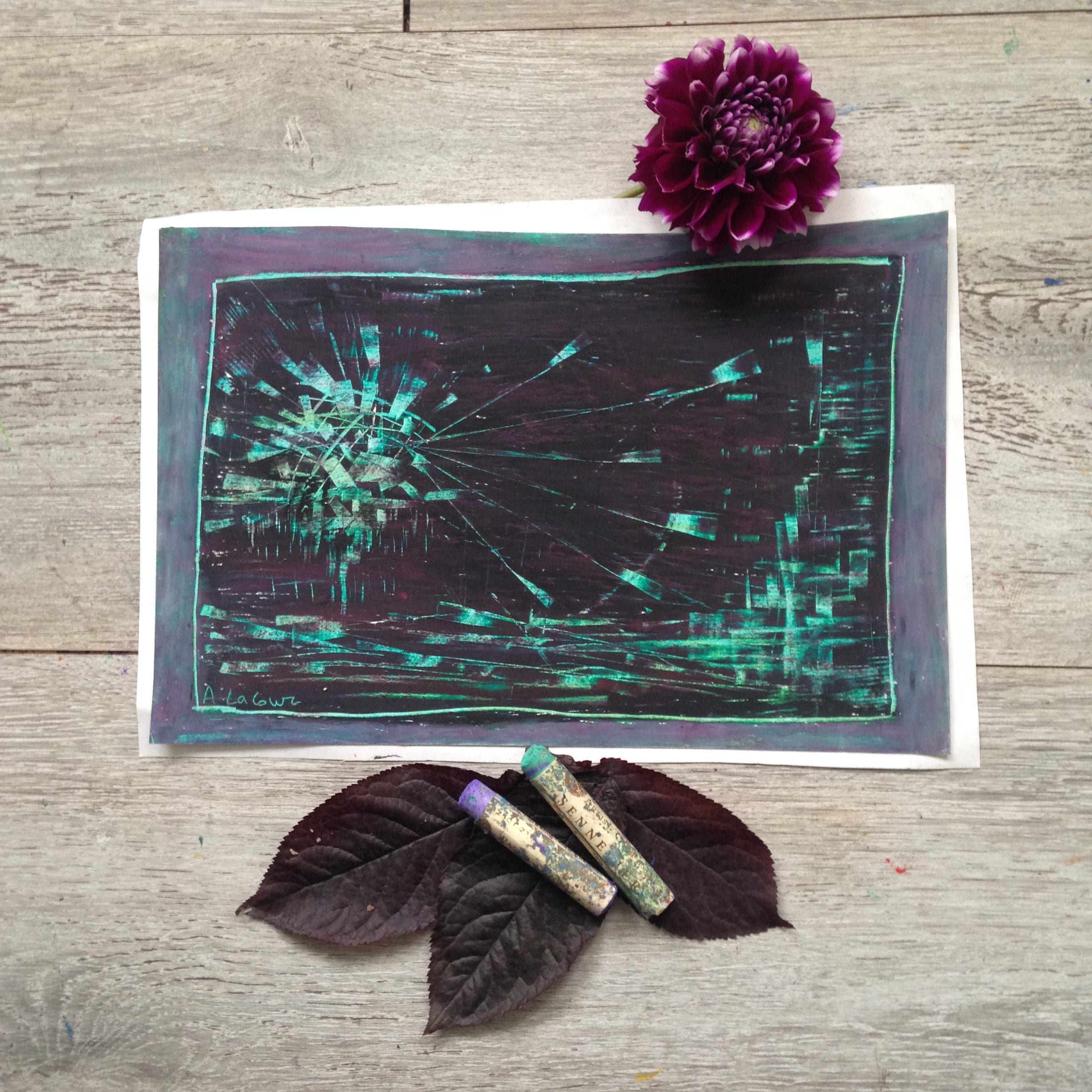 Matted Oil Crayon Artwork Blue Black Explosion Over Water - Etsy