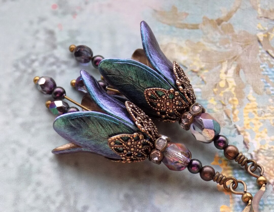 Teal and Purple Patina Hand Painted Brass Flower Earrings, Boho Dangle ...