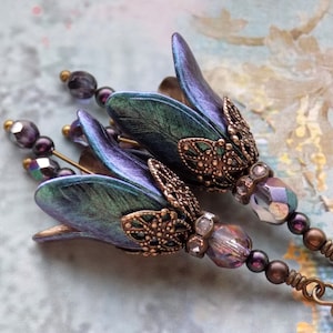 Teal and Purple Patina Hand Painted Brass Flower Earrings, Boho Dangle ...