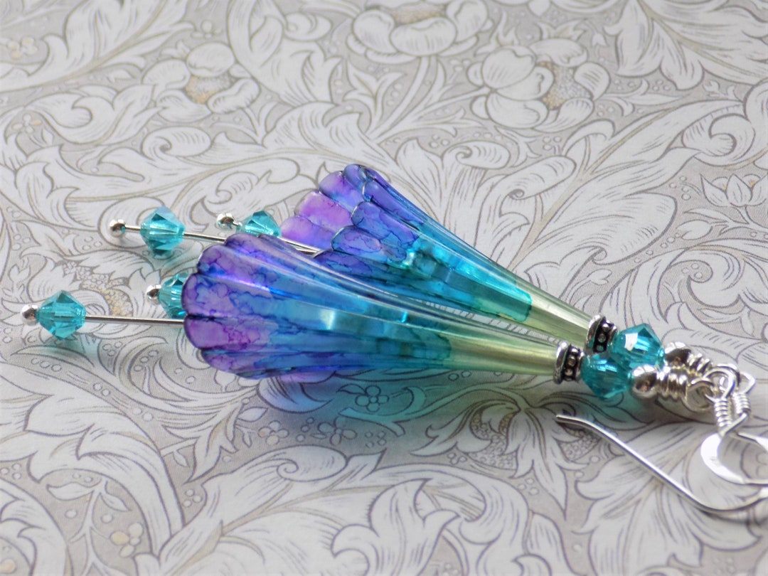 Turquoise and Purple Trumpet Flower Earrings, Hand Painted Flower ...