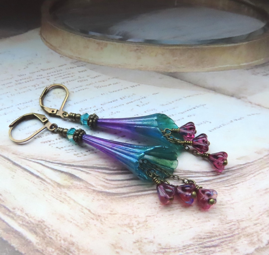 Purple, Turquoise, & Blue Hand Painted Vintage Lucite Trumpet Flower ...
