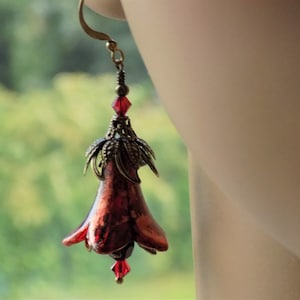 Scarlet, Crimson, Gold claribel Flower Earrings, Hand Painted Boho ...