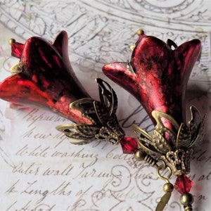 Scarlet, Crimson, Gold claribel Flower Earrings, Hand Painted Boho ...