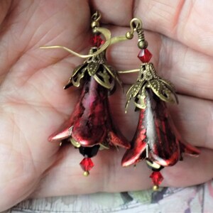 Scarlet, Crimson, Gold claribel Flower Earrings, Hand Painted Boho ...