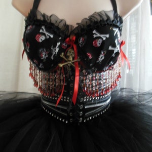 SILVER PIRATE Bra Top 36C Black Tulle Skirt Skull and Crossbones Pirate ...