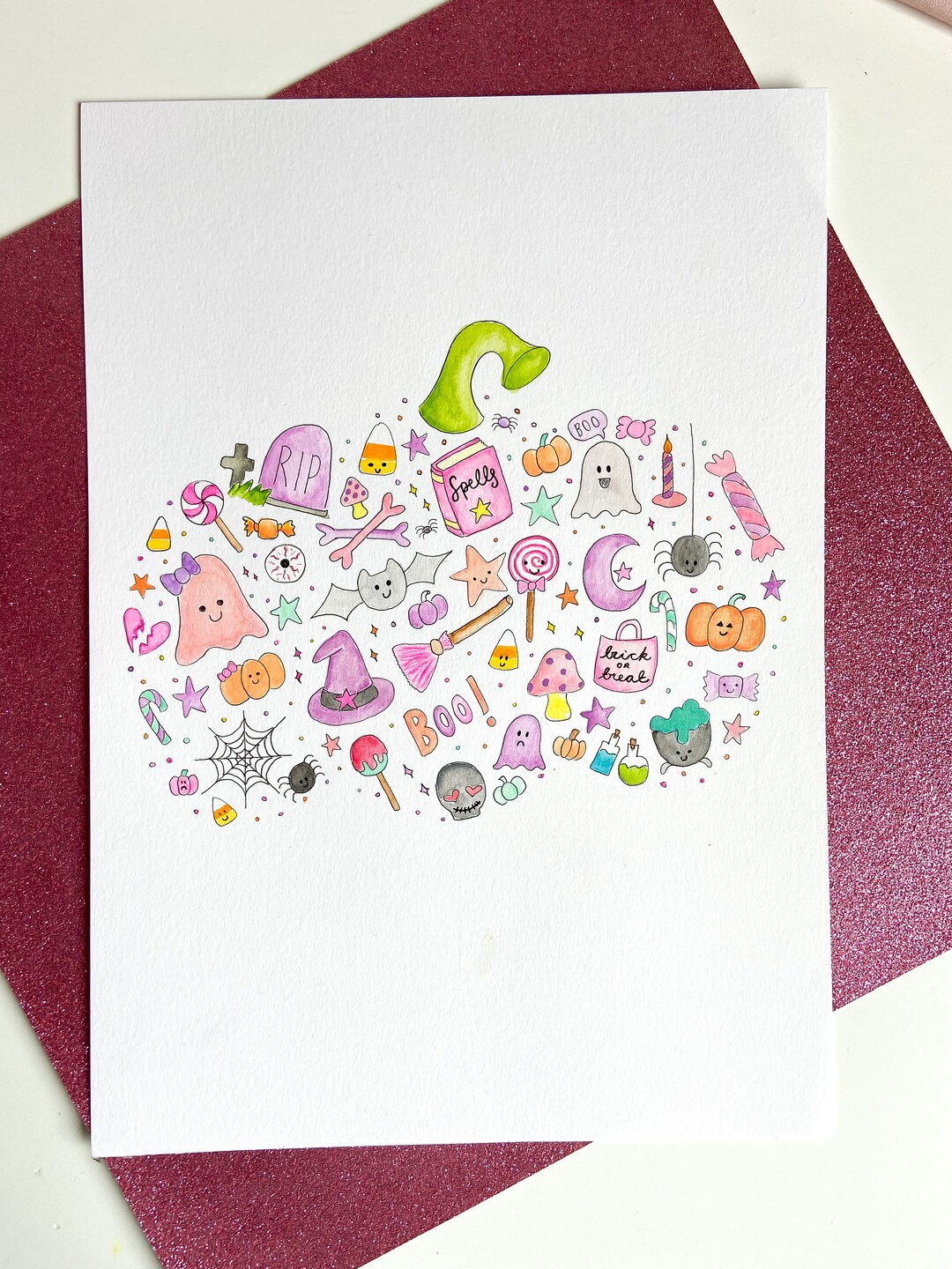Printable Watercolour Halloween Doodle Pumpkin Print - Digital Download ...