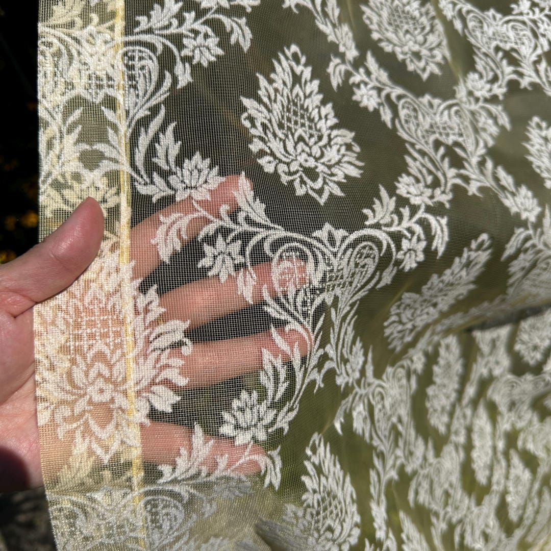 Pair Vintage Curtains- Sheer Flocked Yellow Fabric // 2 Pieces- 41x72 ...