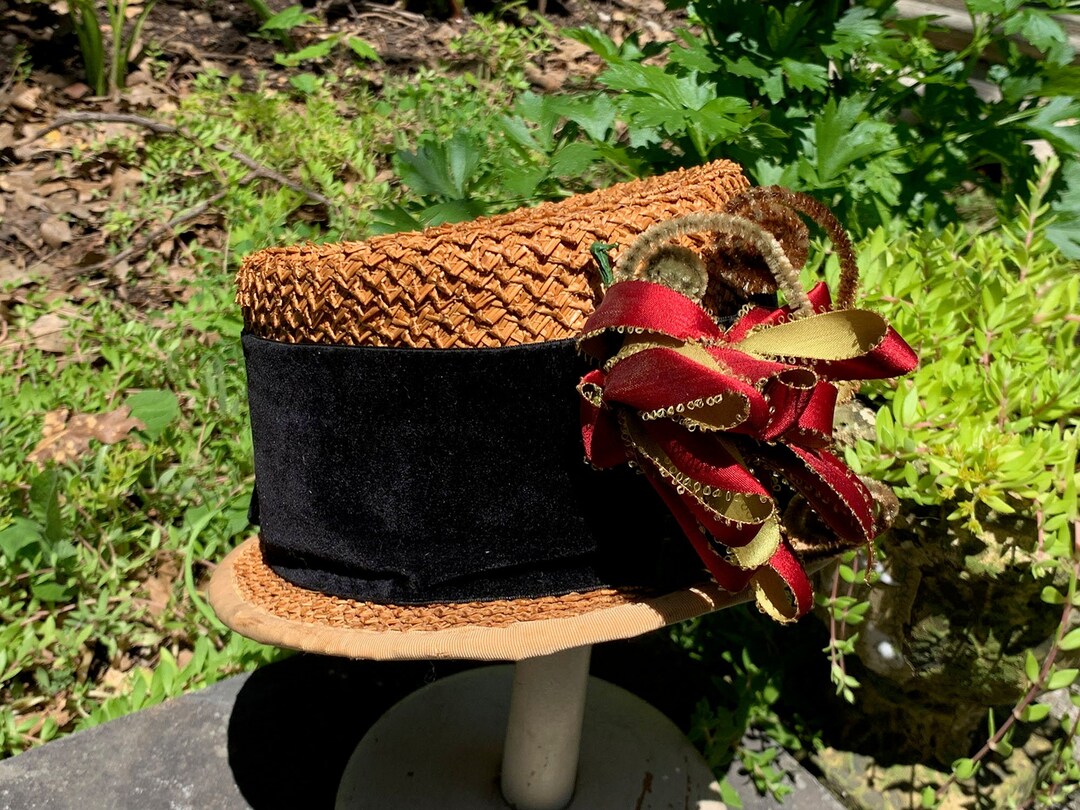 Vintage Woven Straw Hat // Tall Crown, Narrow Brim, Wide Velvet Ribbon ...