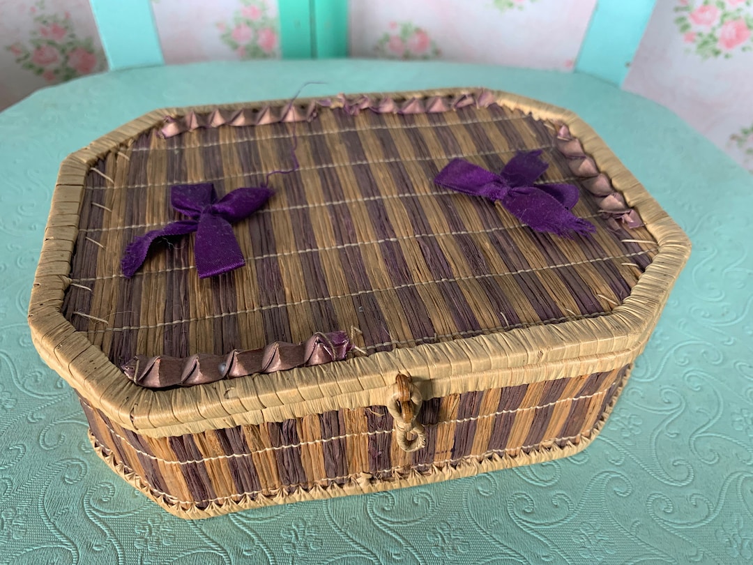 Antique Vintage Sweetgrass Box- Purple Striped & Lidded // 7x5x2.5 ...