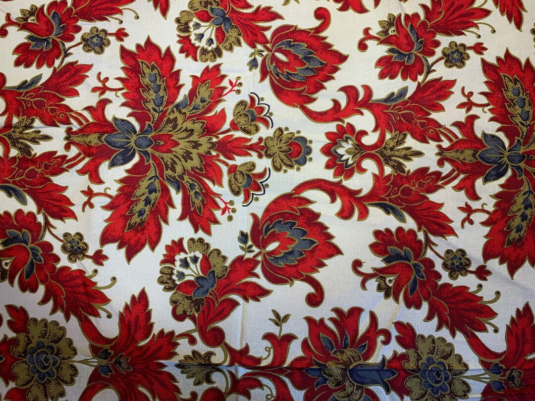 Vintage Jacobean Floral Upholstery Fabric Scraps // 3 Pcs > Red, Grey ...