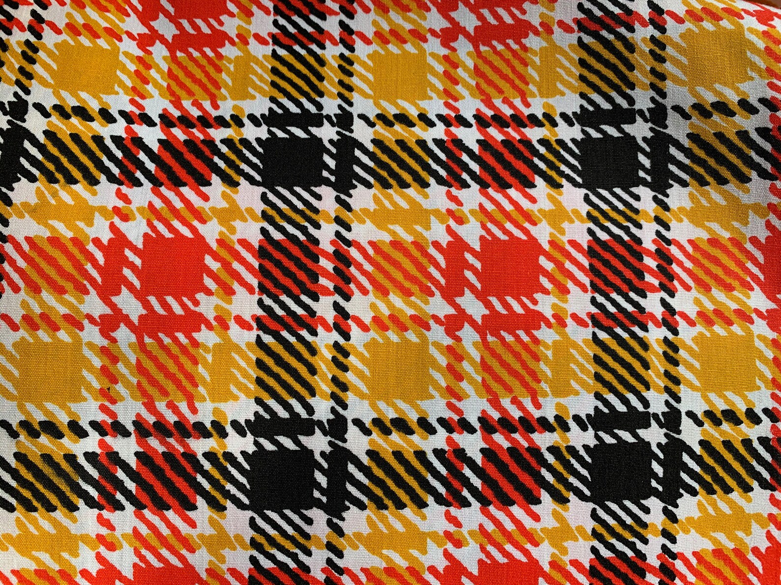 Vintage Bright Orange, Black, Yellow Plaid Print Fabric // 108x44 ...