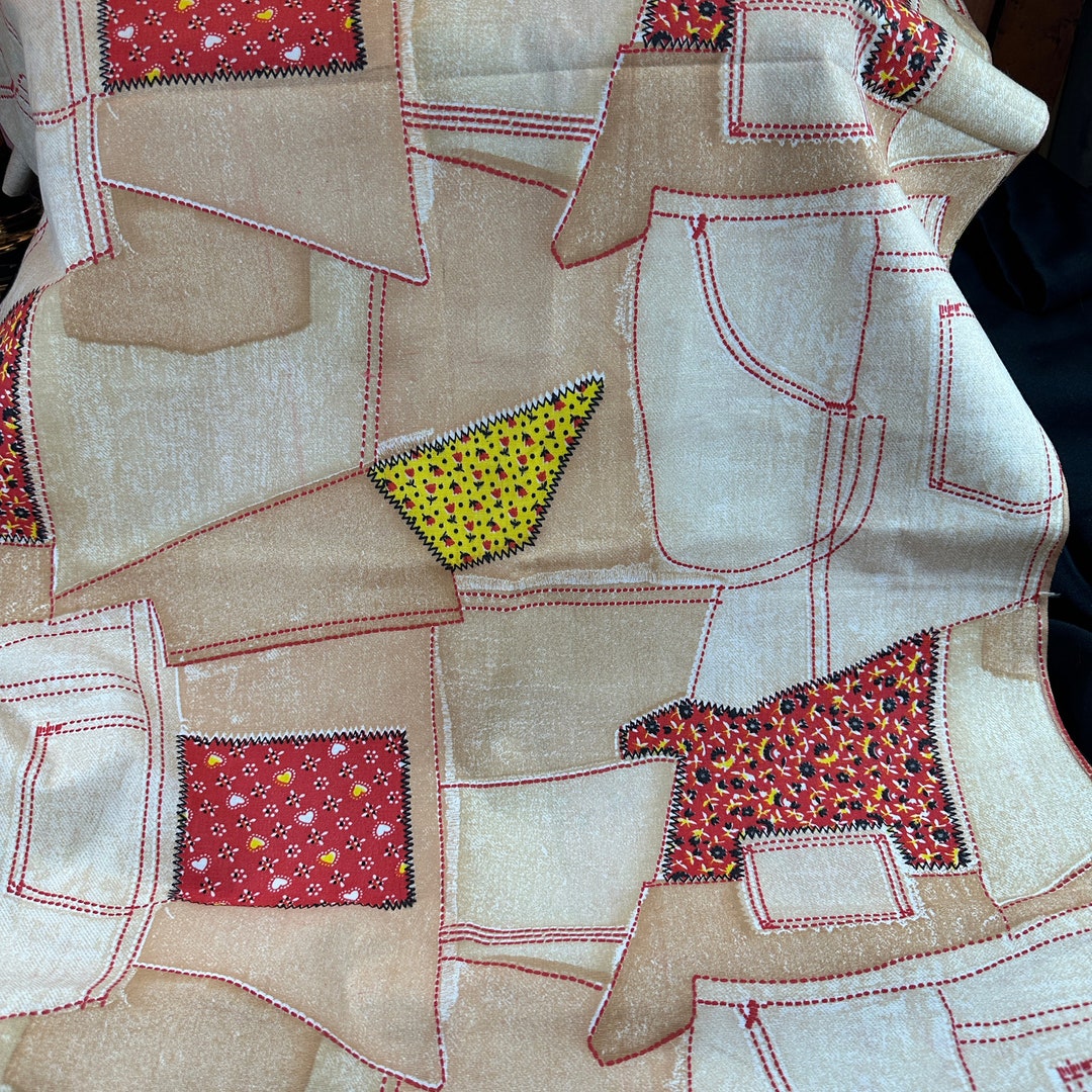 Vintage Calico Patchwork & Denim Jeans Print Fabric // 106x45" > Unused ...