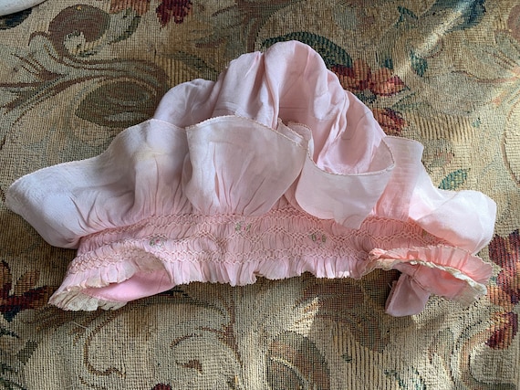 Antique Vintage Pink Silk Flower Ruffled Baby Bonnet,… - Gem