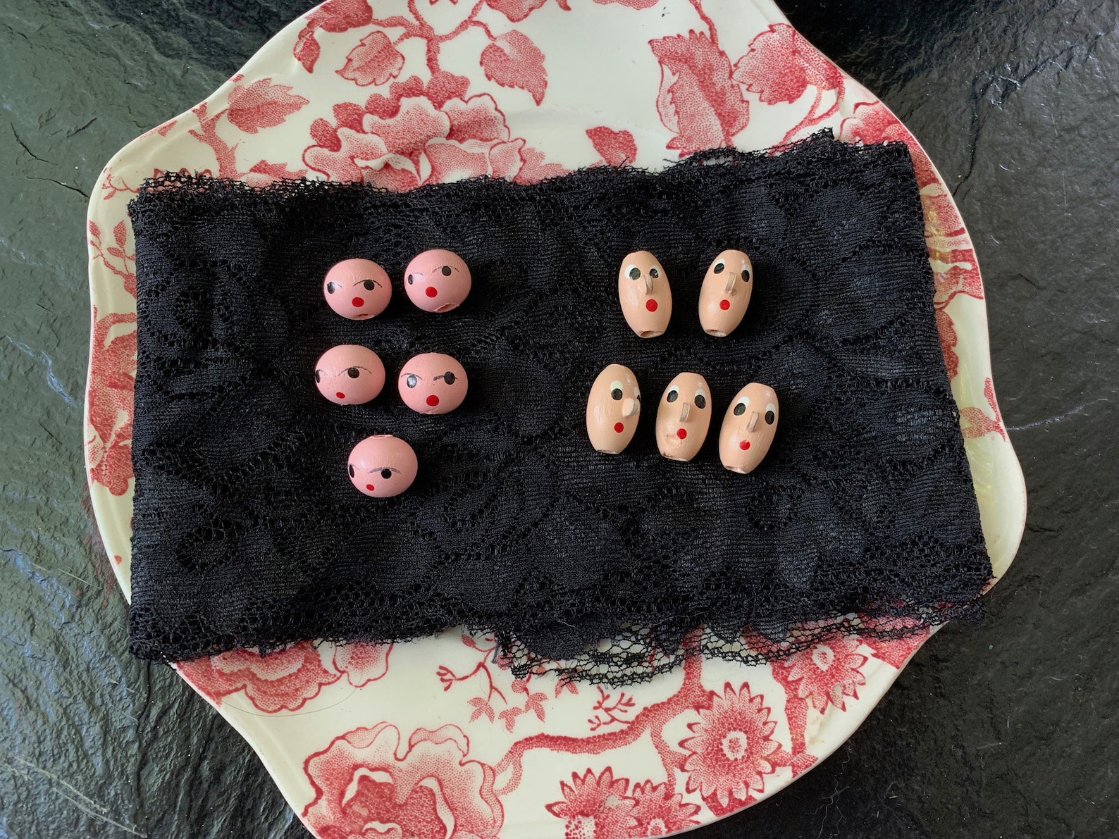 Vintage Hand Painted Wooden Face Beads lot of 5 pink | Etsy