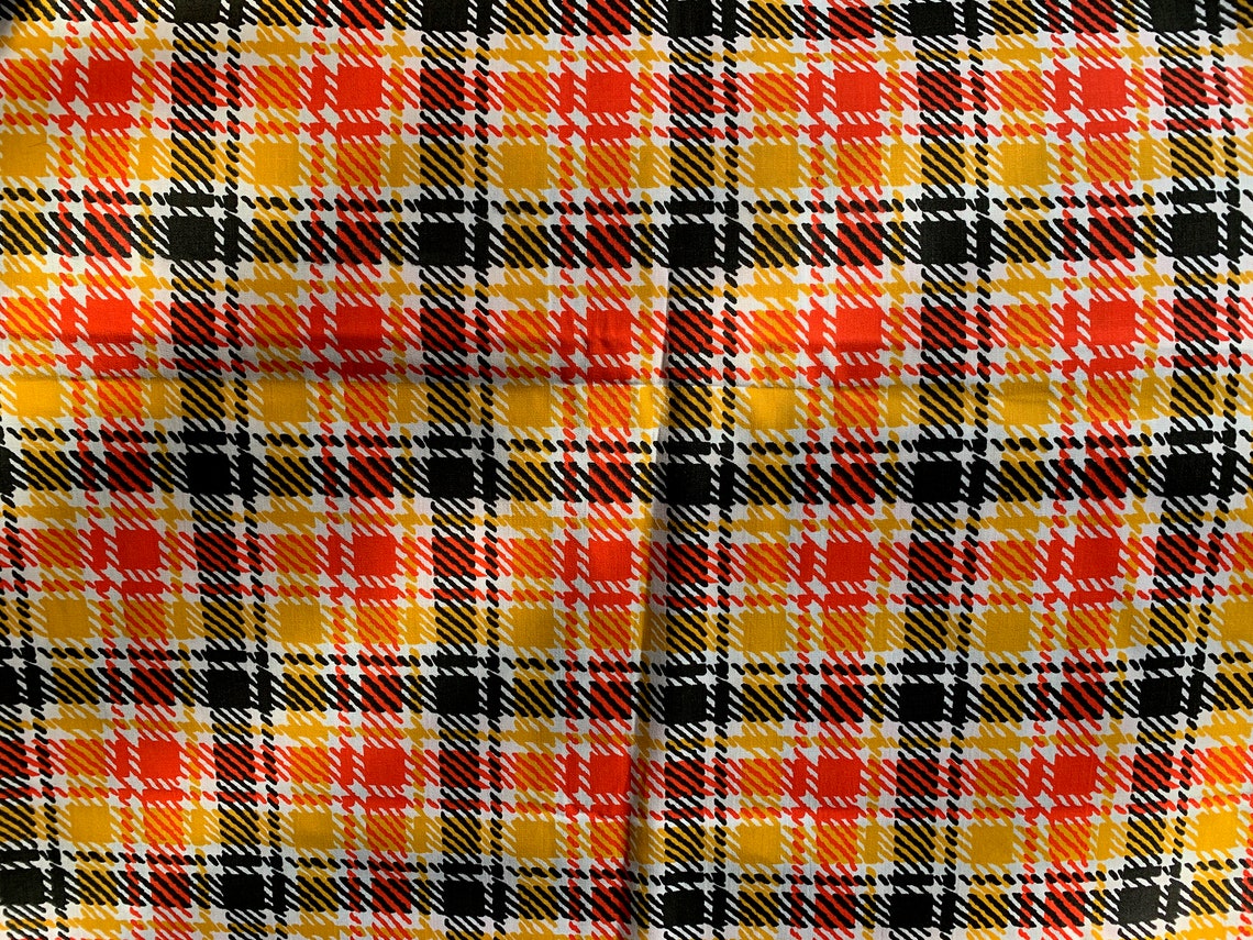 Vintage Bright Orange, Black, Yellow Plaid Print Fabric // 108x44 ...