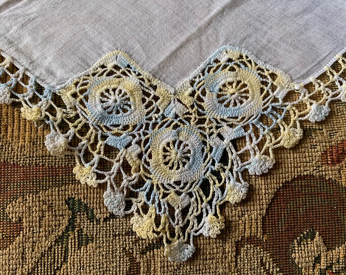 Vintage Crocheted Edge, Corner Handkerchief // 13" Sq > Variegated Blue ...