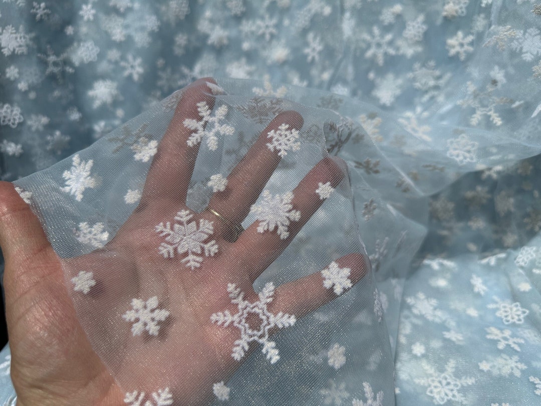 Vintage Ethereal Sheer Flocked Snowflakes Organza Fabric, Sky Blue // 95x64" (2 Avail) > Unused ...