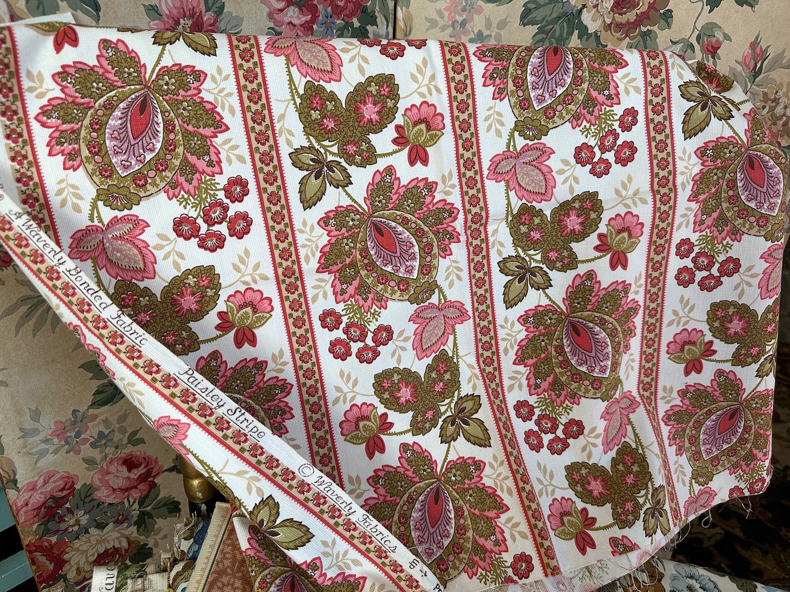 Vintage Waverly 'paisley Stripe' Jacobean Floral Fabric Remnant ...