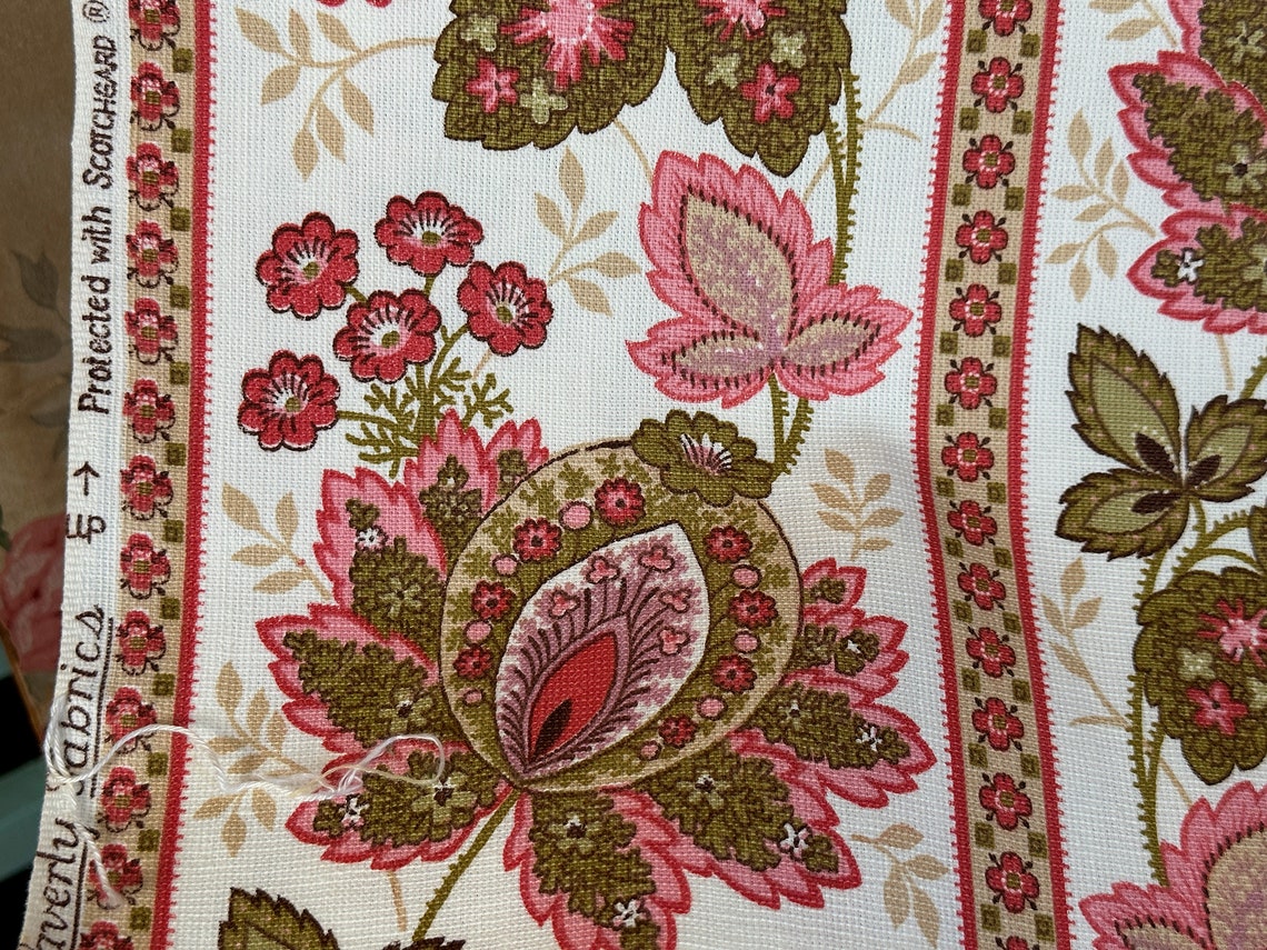 Vintage Waverly 'paisley Stripe' Jacobean Floral Fabric Remnant ...