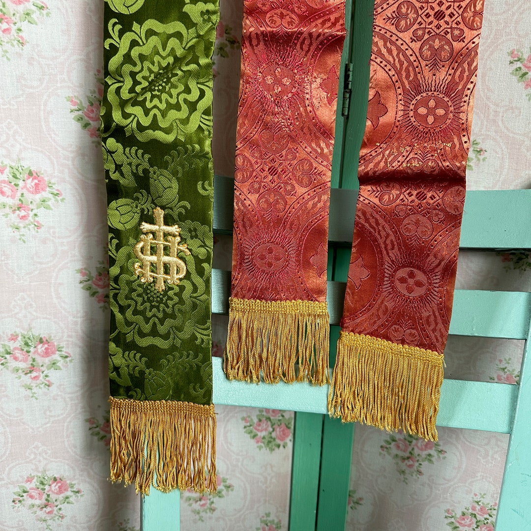 3 Vintage Silky Brocade Maniples, Stoles // 36-37" > 2 Red, 1 Green ...